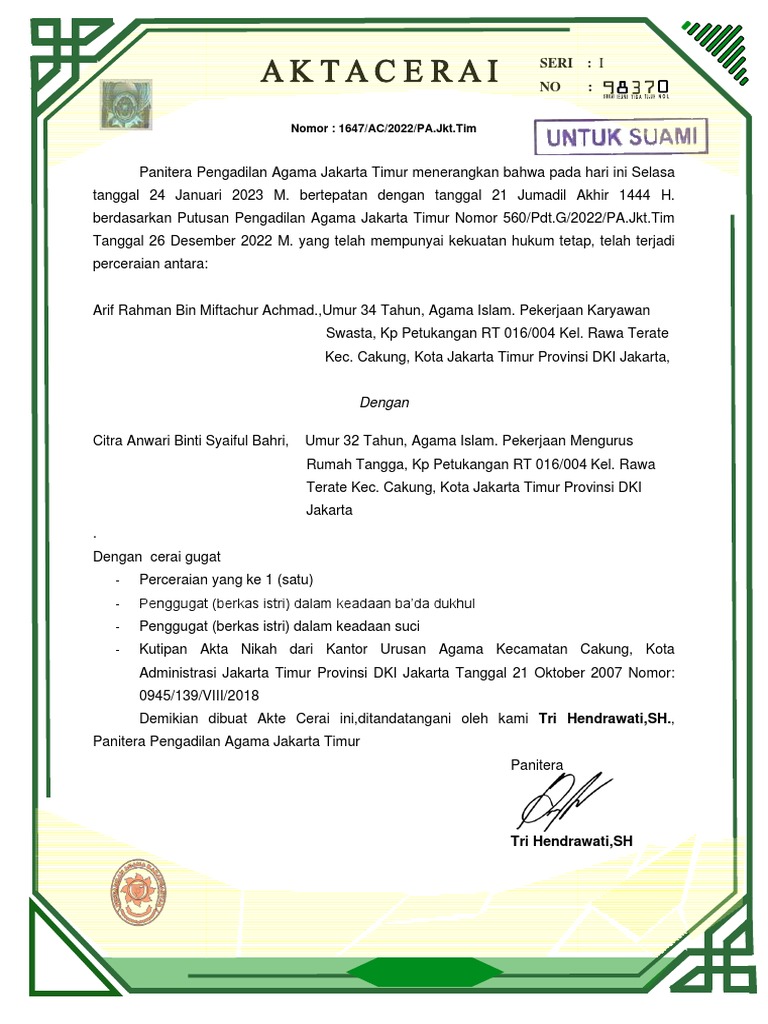 Akte Cerai ARIF RAHMAN | PDF