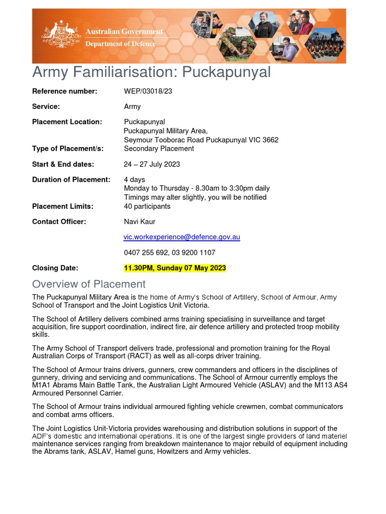 Information Pack - Army Familiarisation - Puckapunyal July 2023 | PDF