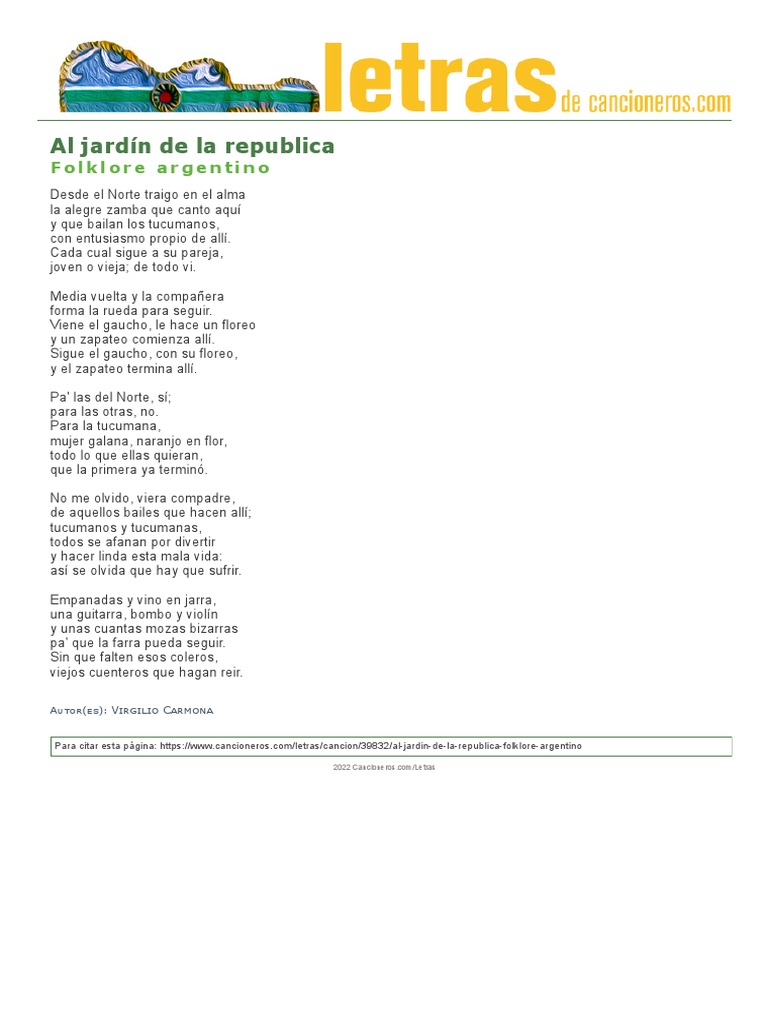 Letra de La Canción Al Jardín de La Republica - Folklore Argentino | PDF