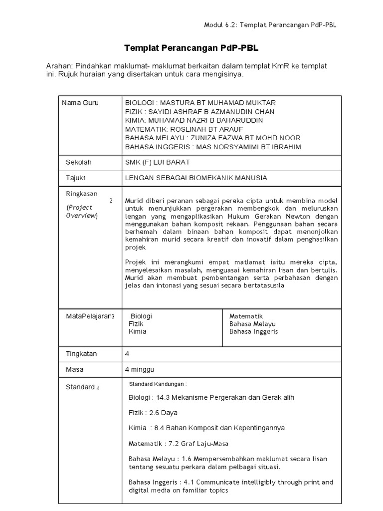 3 SMK LUI Barat Modul 6 2 Aktiviti 3 Templat Perancangan PDP PBL | PDF