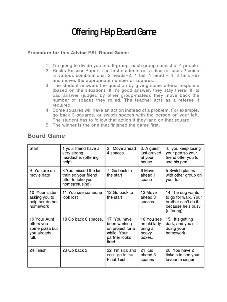 ESL Offering Help Board Game Guide | PDF
