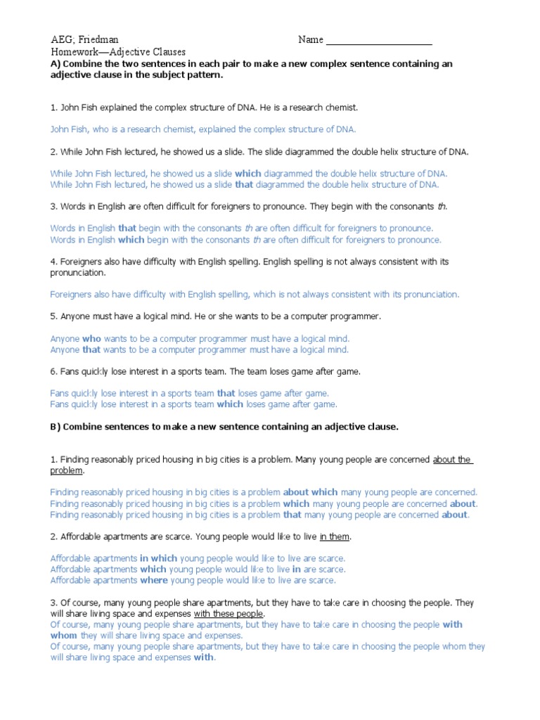 Adjective Clauses Homework Answer Key | PDF | English Language ...
