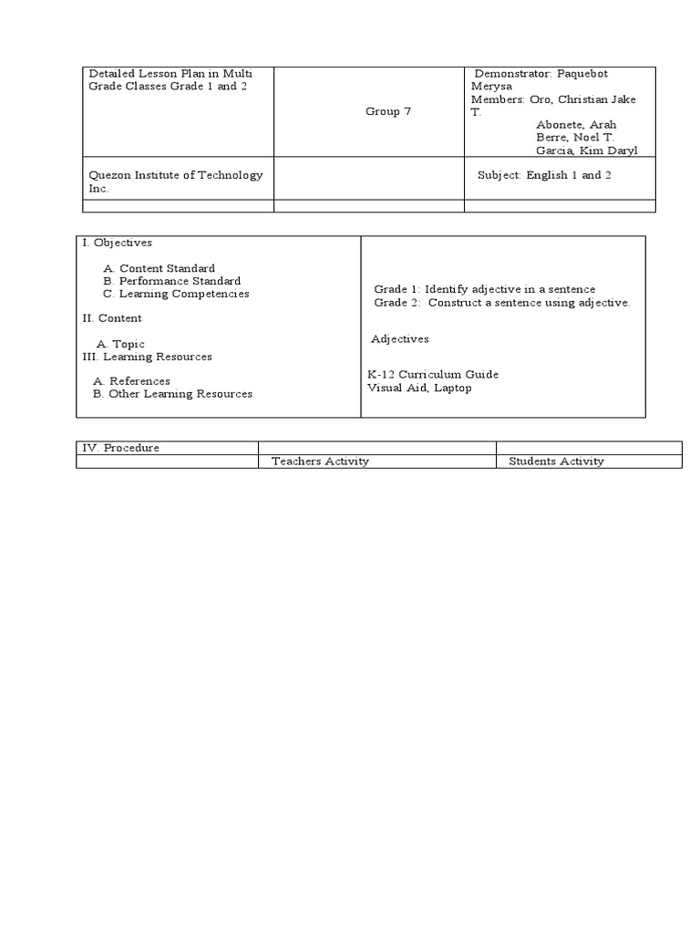 Detailed Lesson Plan in Multi Grade Classes Grade 1 and 2 | PDF