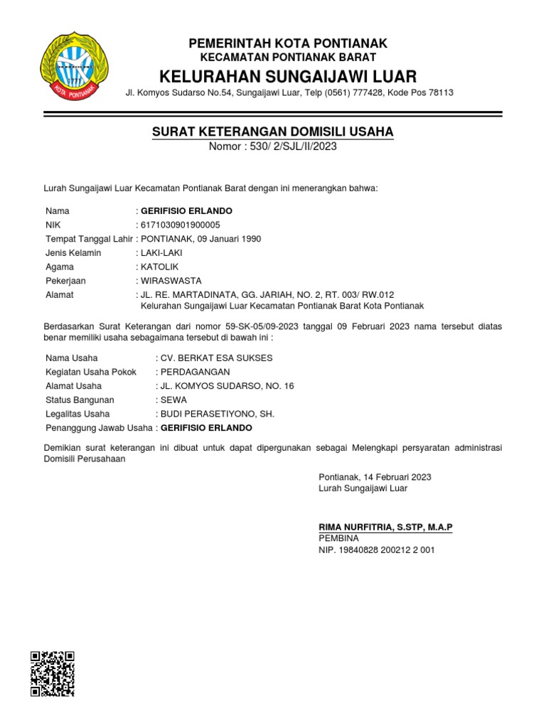 Surat Keterangan Domisili Usaha Pontianak | PDF