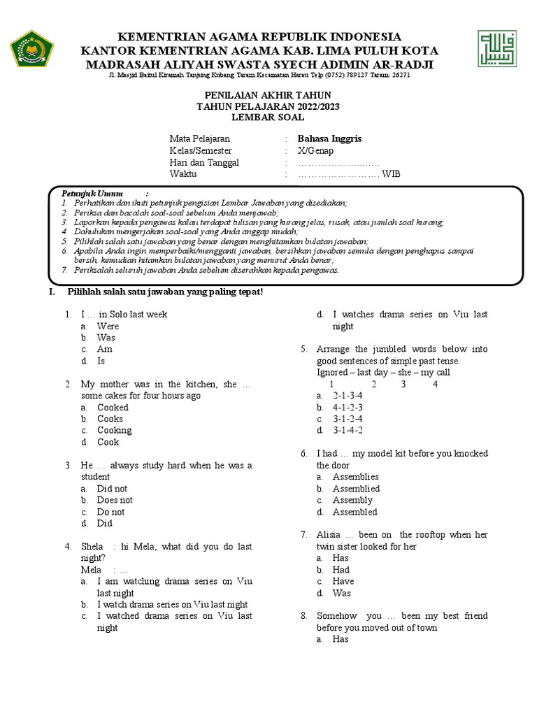Soal Bahasa Inggris SMT Genap Kelas 10 2023 | PDF