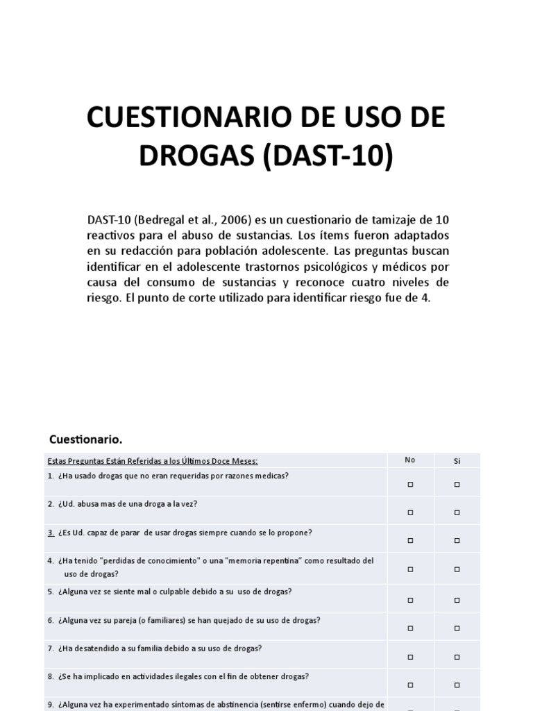 Cuestionario de Uso de Drogas | PDF | La dependencia de sustancias | Abuso de sustancias