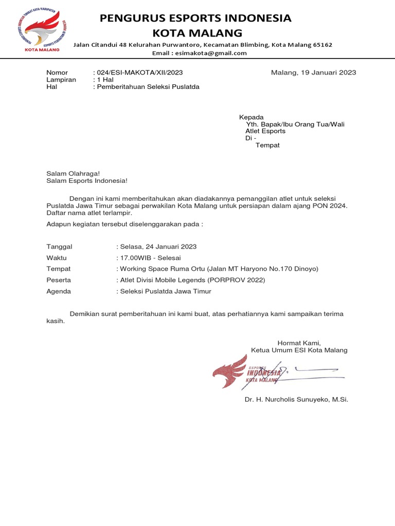Surat Pemanggilan Atlet Puslatda | PDF