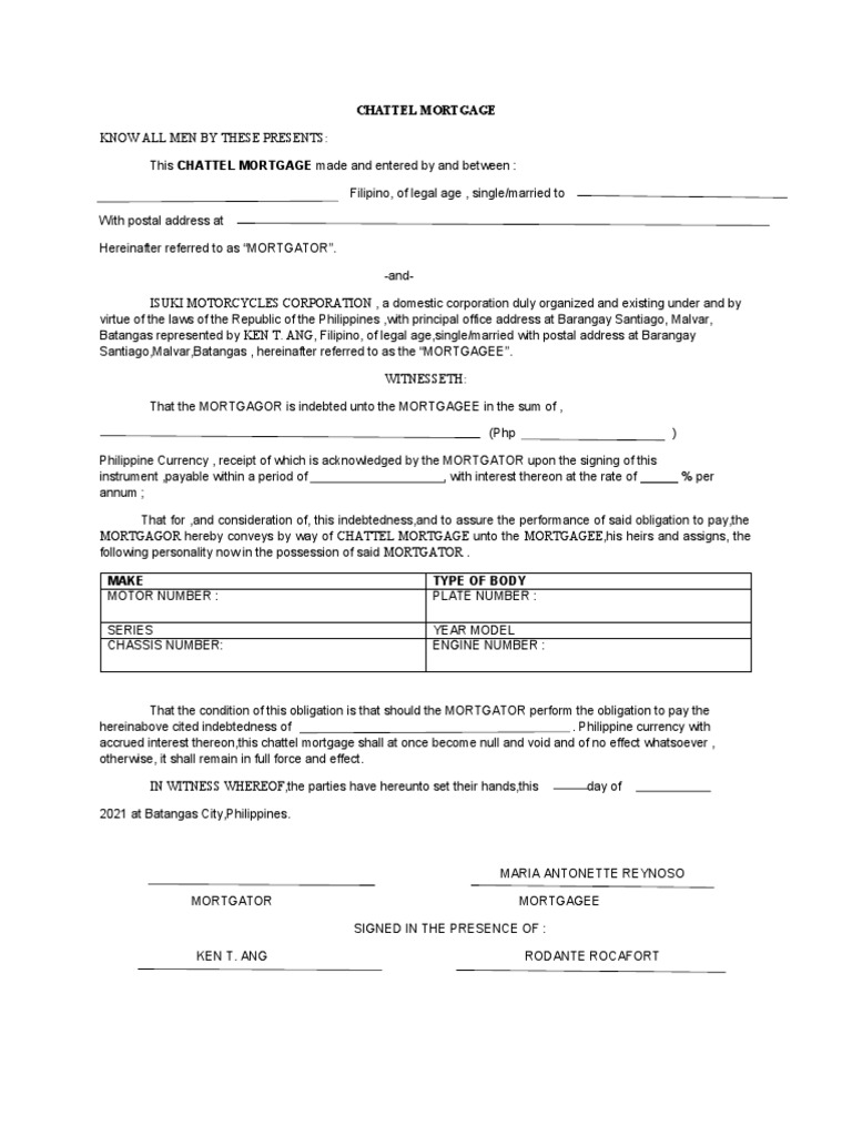 Chattel Mortgage Agreement Template | PDF