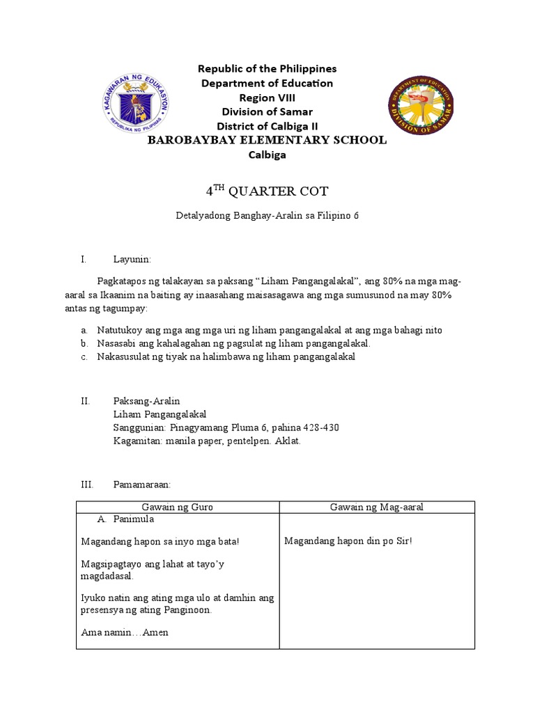 Detalyadong Banghay Aralin Sa Filipino 6 | PDF