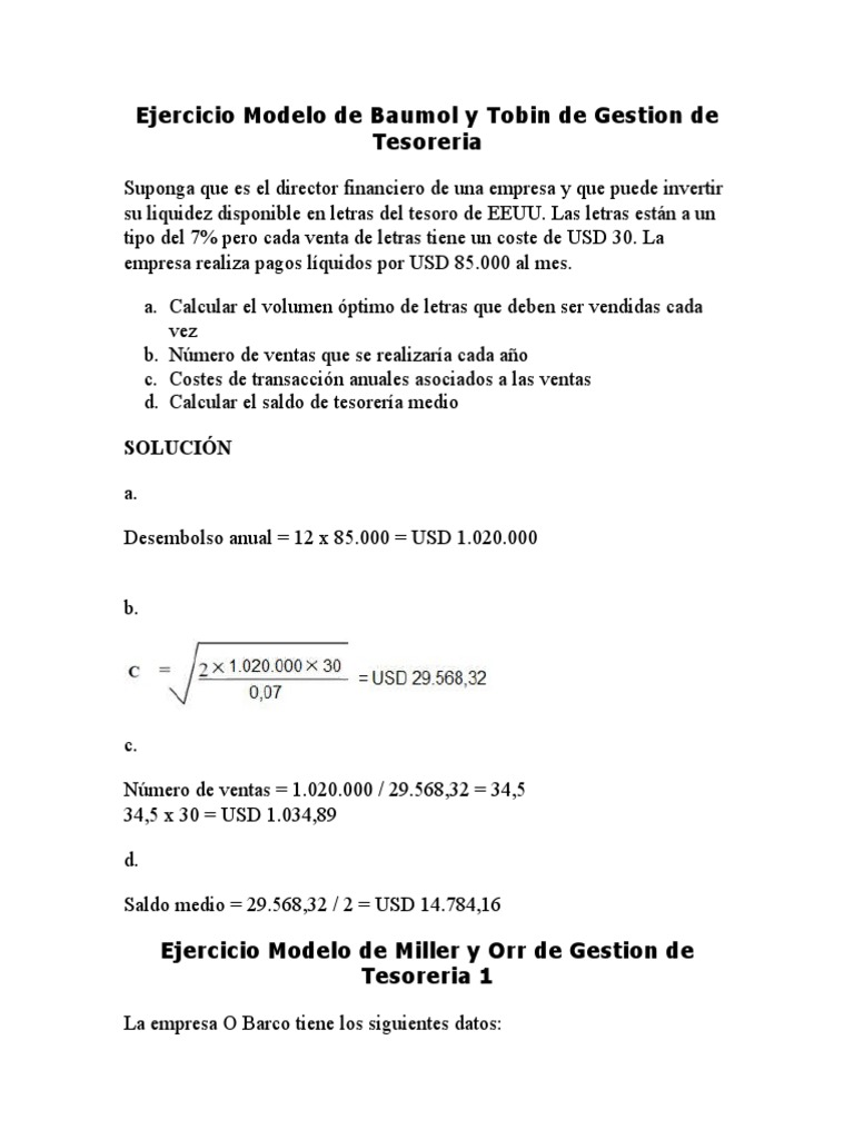 Ejercicio Modelo de Baumol y Tobin de Gestion de Tesoreria | PDF