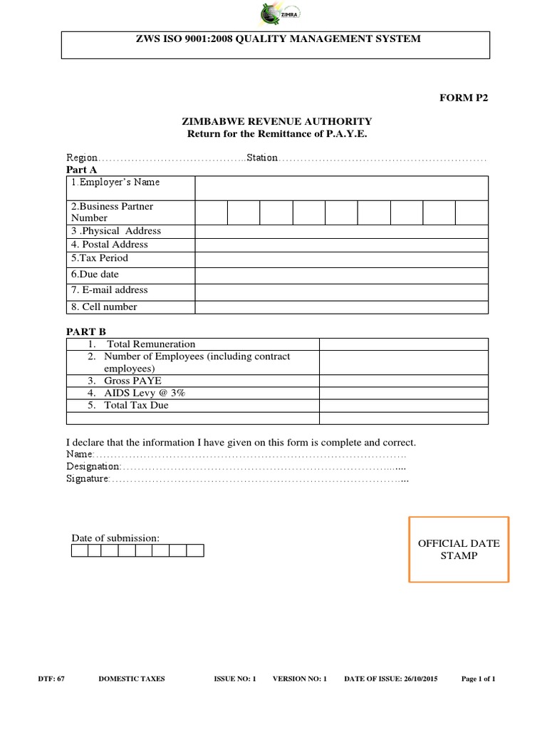 Zimra PAYE Form | PDF