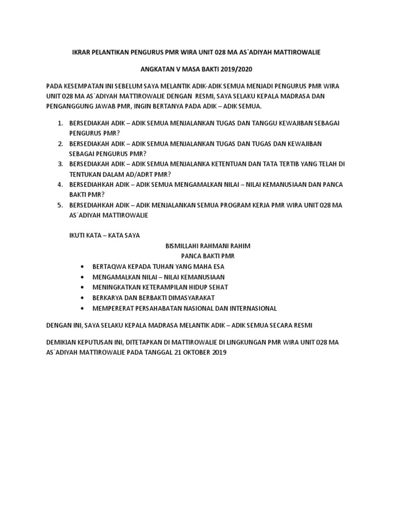 IKRAR PELANTIKAN PENGURUS PMR WIRA UNIT 028 MA AS | PDF