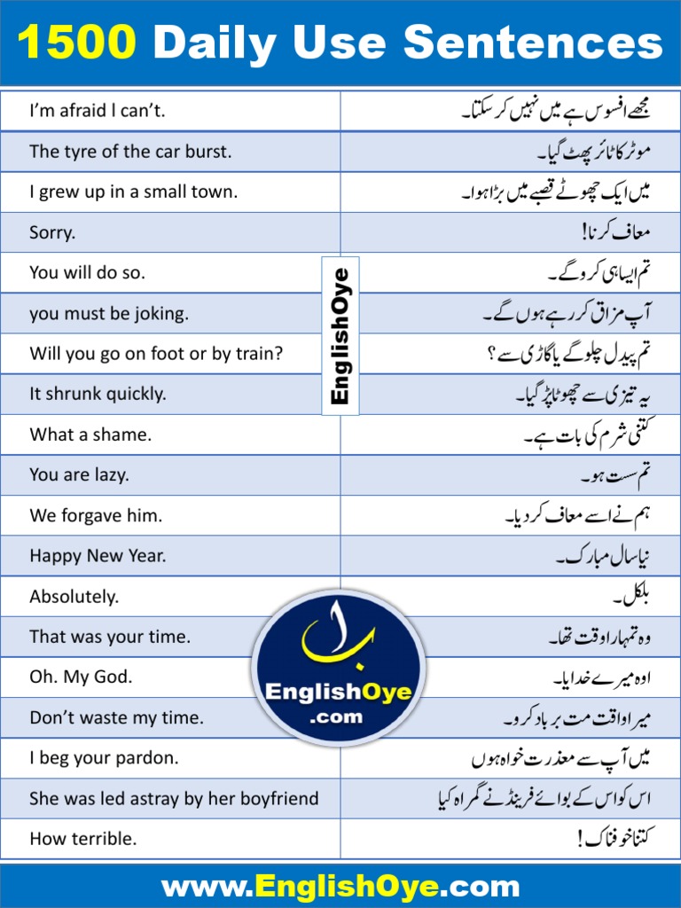 1500 Daily Use Sentences With Urdu Translation PDF | PDF