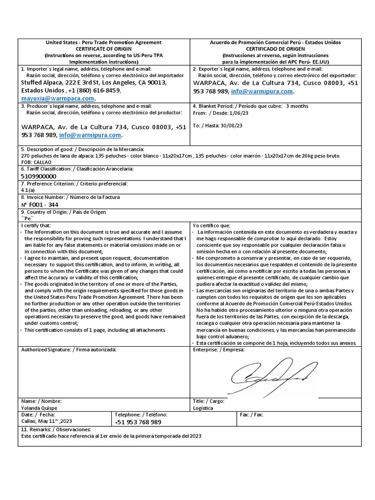 Certificado de Origen | PDF