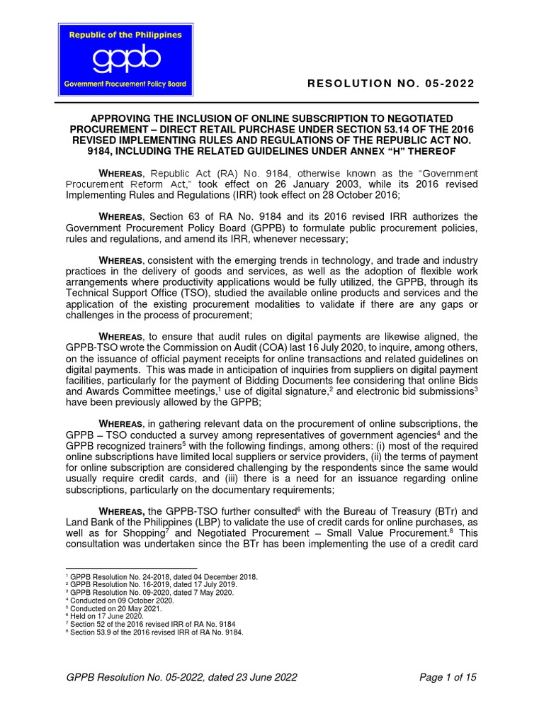 GPPB Resolution No. 05-2022 - Amendment To Section 53.14 To Include ...