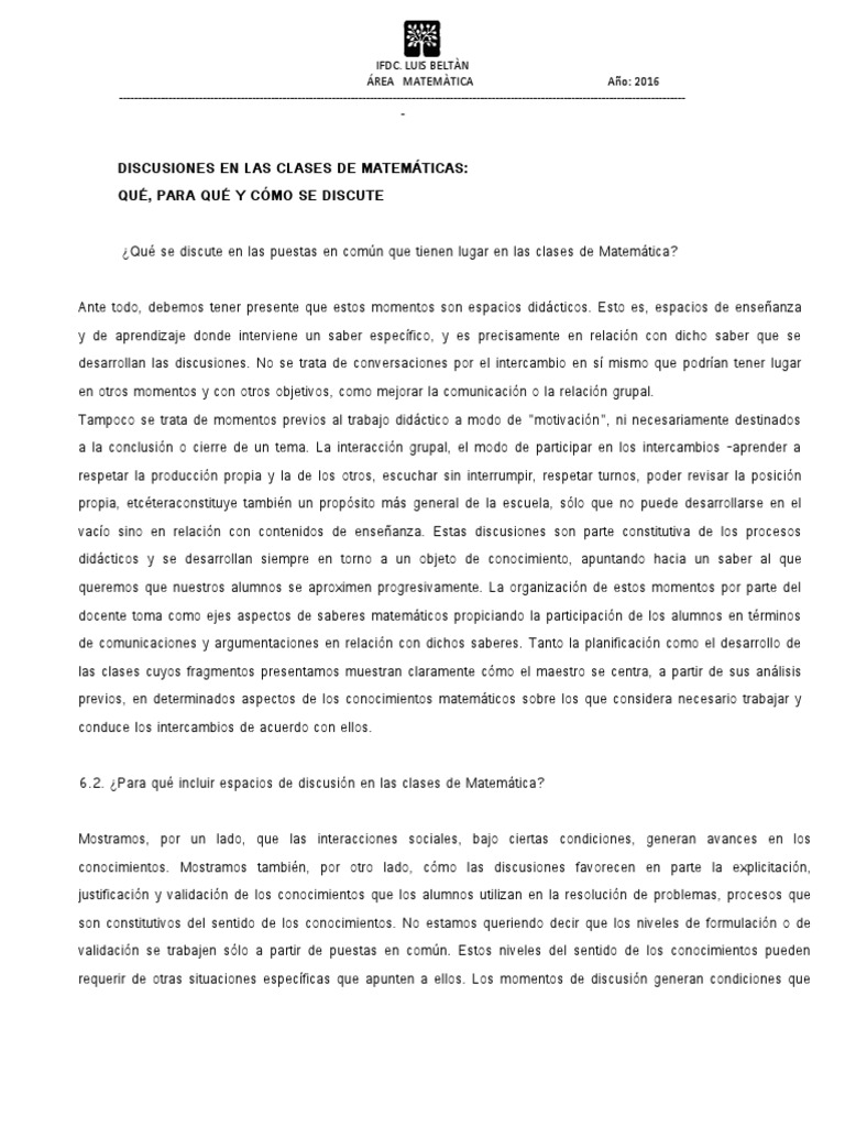Discusiones en Las Clases de Matemáticas | PDF