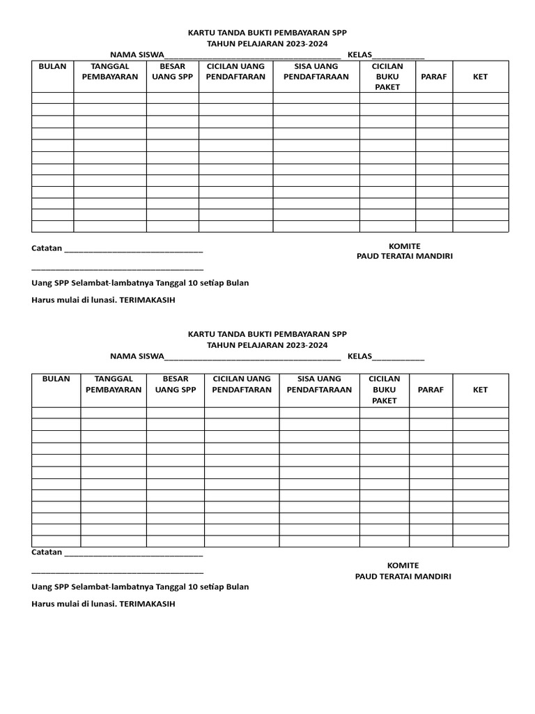 Kartu Tanda Bukti Pembayaran SPP Paud | PDF