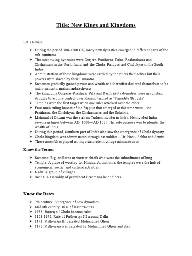 New Kings & Kingdom - Notes & Question Answers | PDF