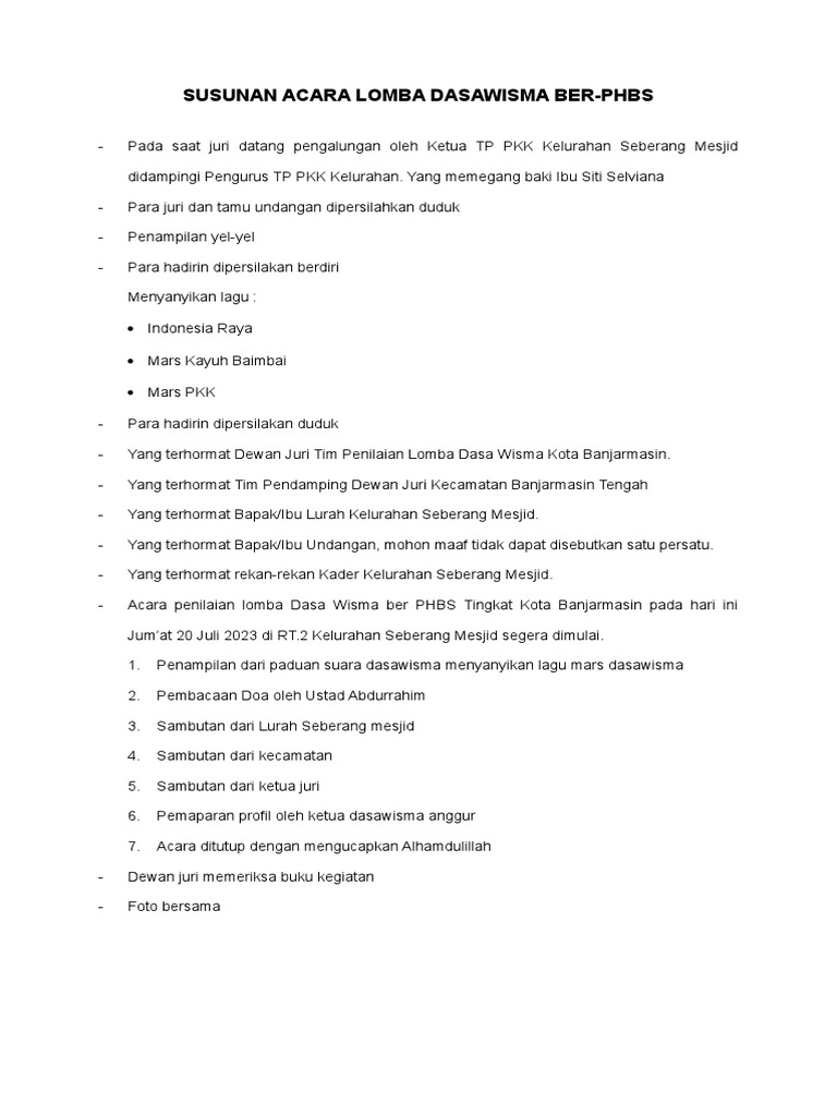 Susunan Acara Lomba Dasawisma | PDF