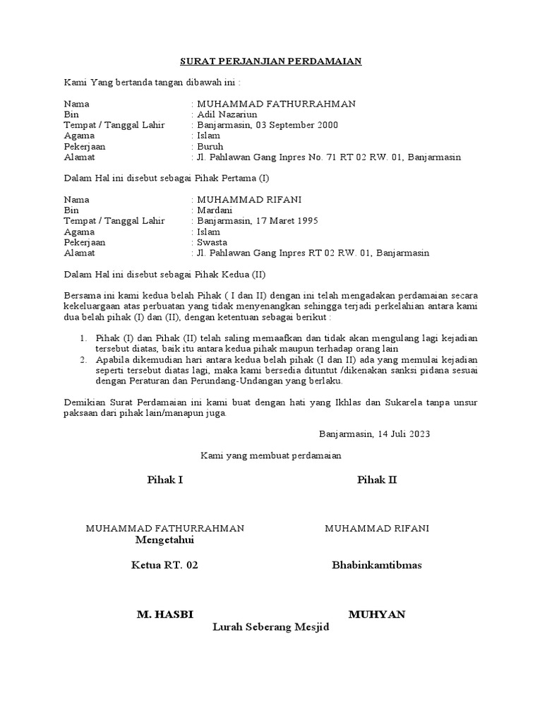 Surat Perjanjian Damai Perkelahian | PDF