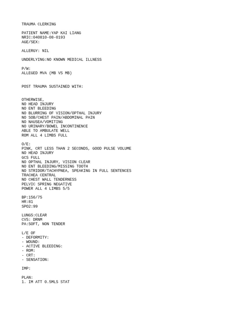 Trauma Case Sheet for MVA Patient | PDF