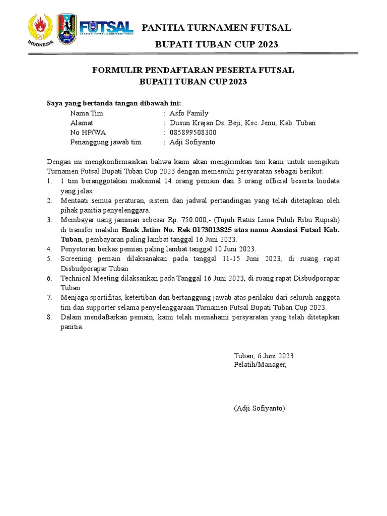 Formulir Pendaftaran Peserta Futsal | PDF