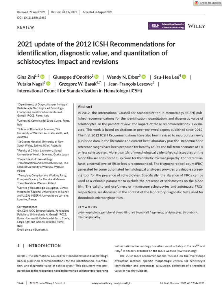 Int J Lab Hematology - 2021 - Zini - 2021 Update of The 2012 ICSH ...