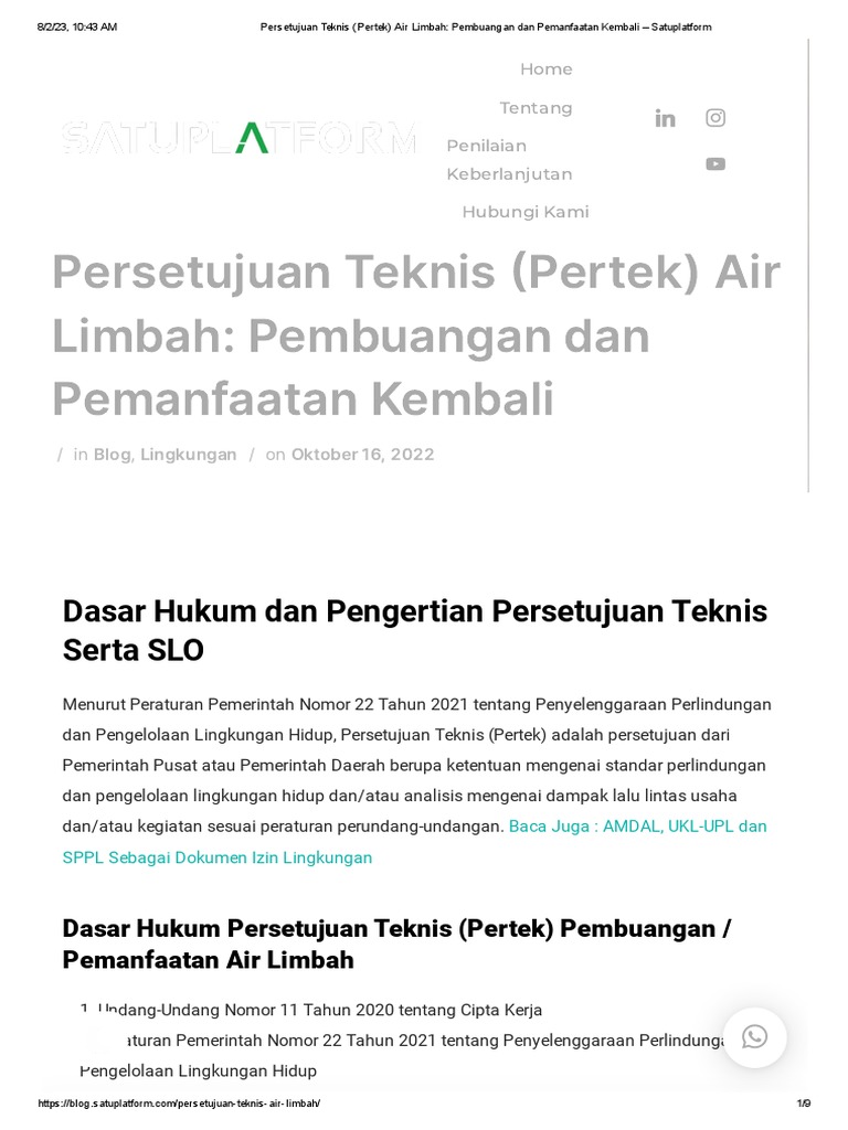 Persetujuan Teknis (Pertek) Air Limbah - Pembuangan Dan Pemanfaatan Kembali - Satuplatform | PDF