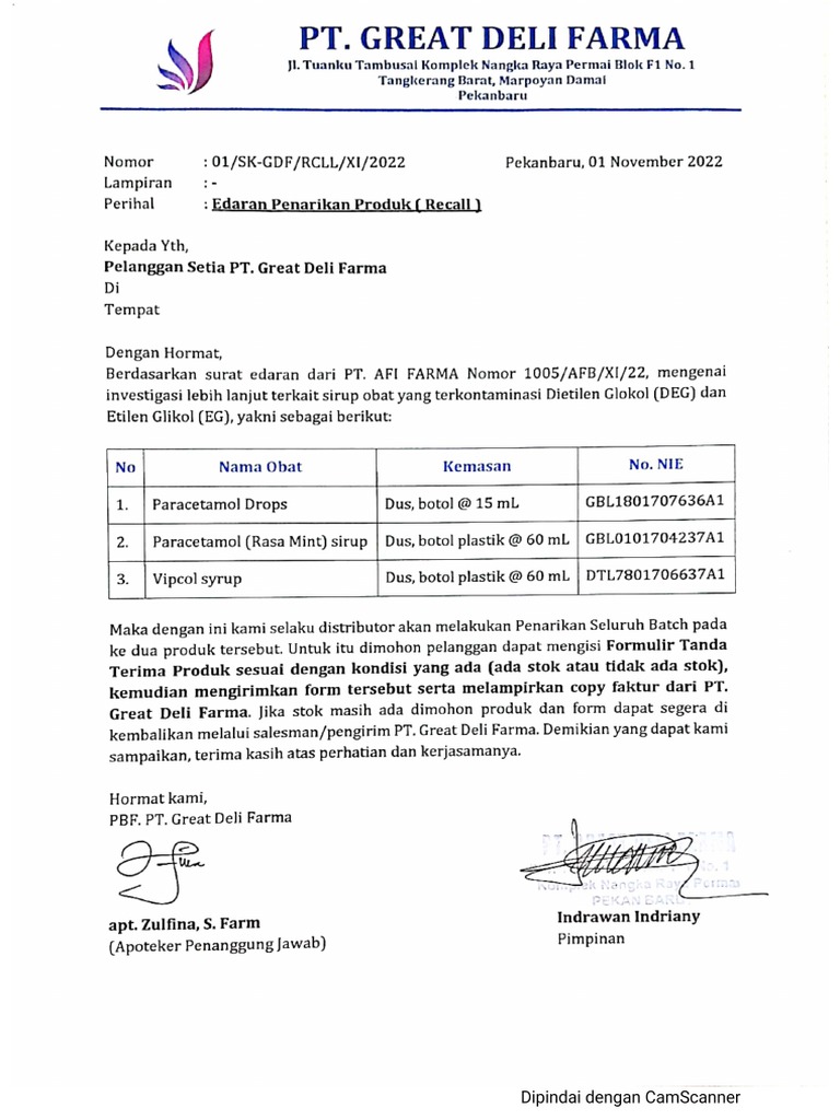 Surat Recall Produk AFI FARMA | PDF