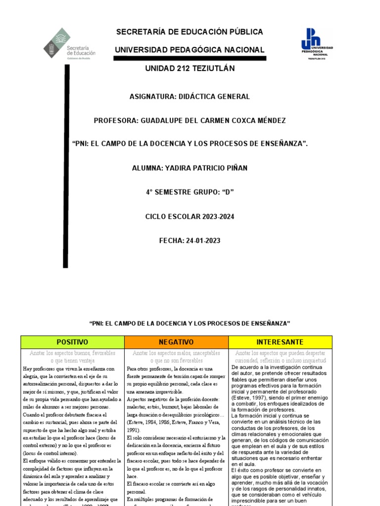 Cuadro PNI 2023-2024 en Docencia | PDF