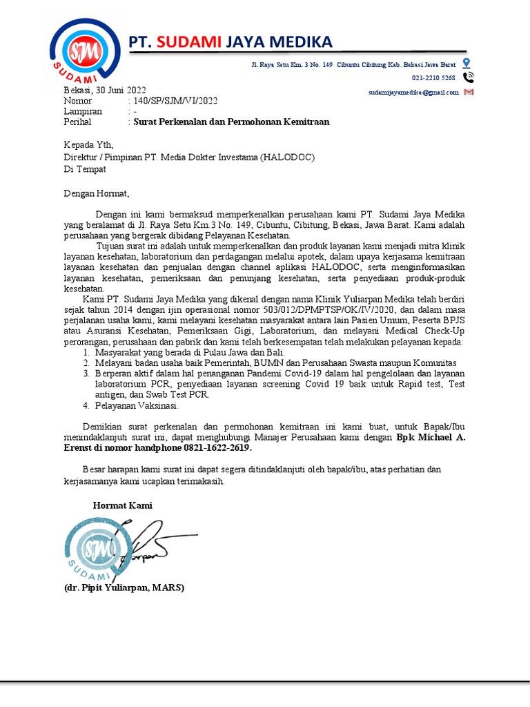 Surat Permohonan Kemitraan Halodoc | PDF