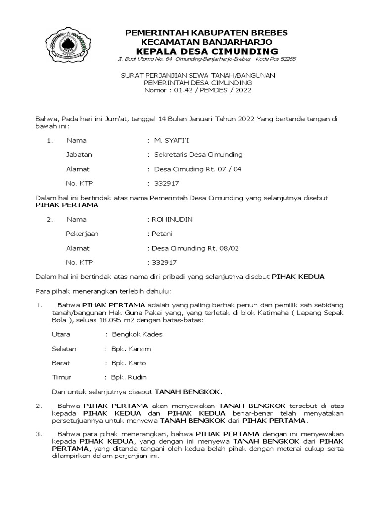Surat Perjanjian Sewa | PDF | Hukum