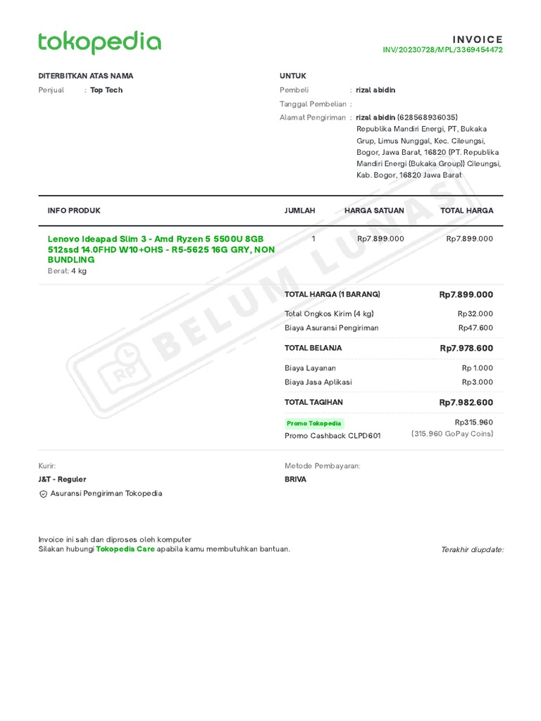 Invoice _ Tokopedia | PDF