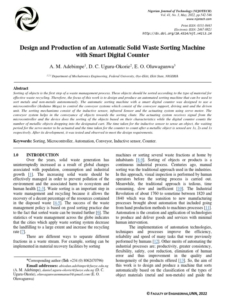 Design and Production of An Automatic Solid Waste Sorting Machine With ...