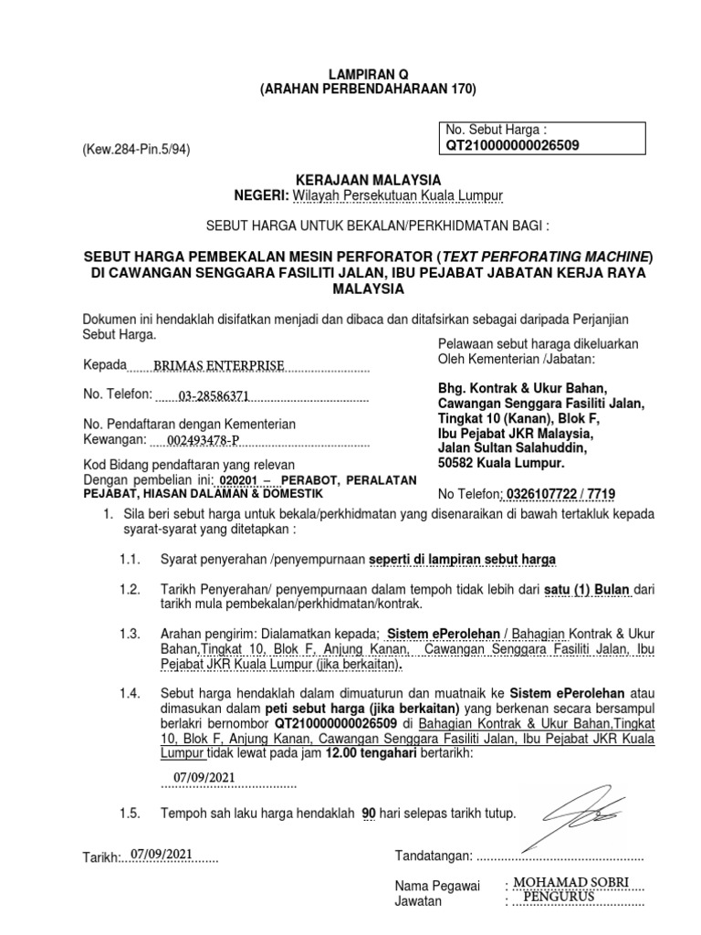 2._LAMPIRAN_Q_-_BORANG_SEBUT_HARGA_BEKALAN.PERKHIDMATAN | PDF