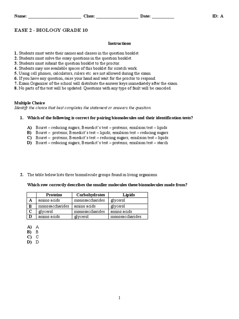 Ease 2 Biology Grade 10 2020 2021 Final | PDF