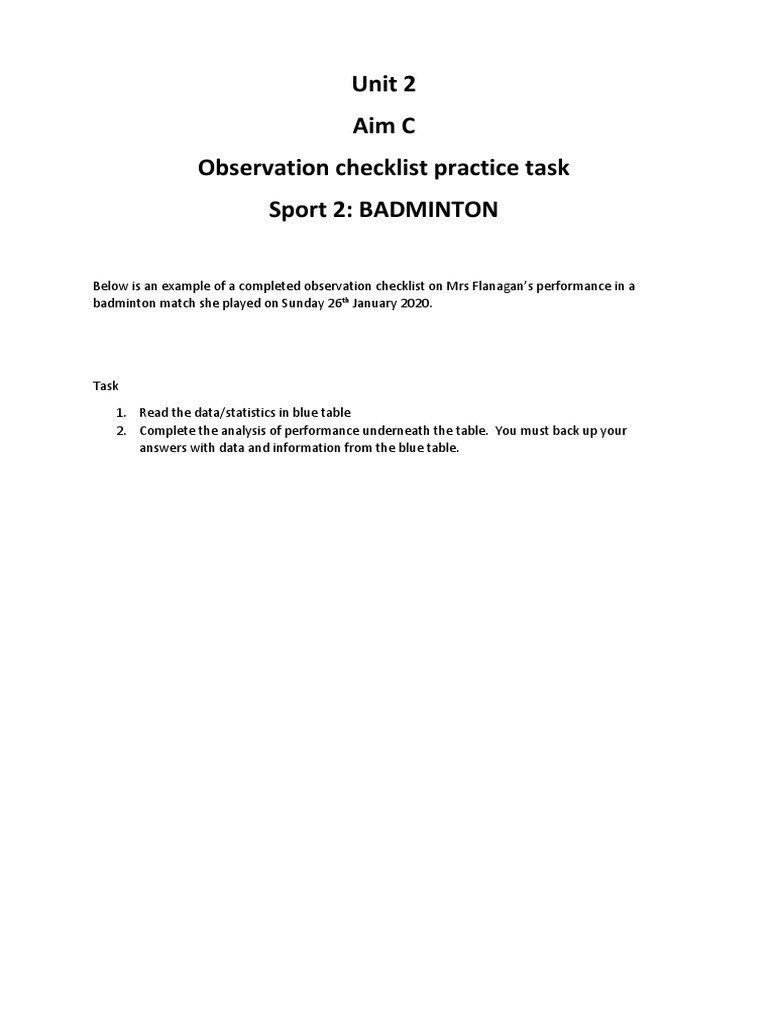Year10 Unit 2 Aim C Badminton Observation Checklist and Analysis | PDF