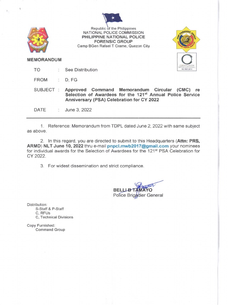 Approved Command Memorandum Circular (CMC) Re Selection of Awardees For The 121st Annual Police ...