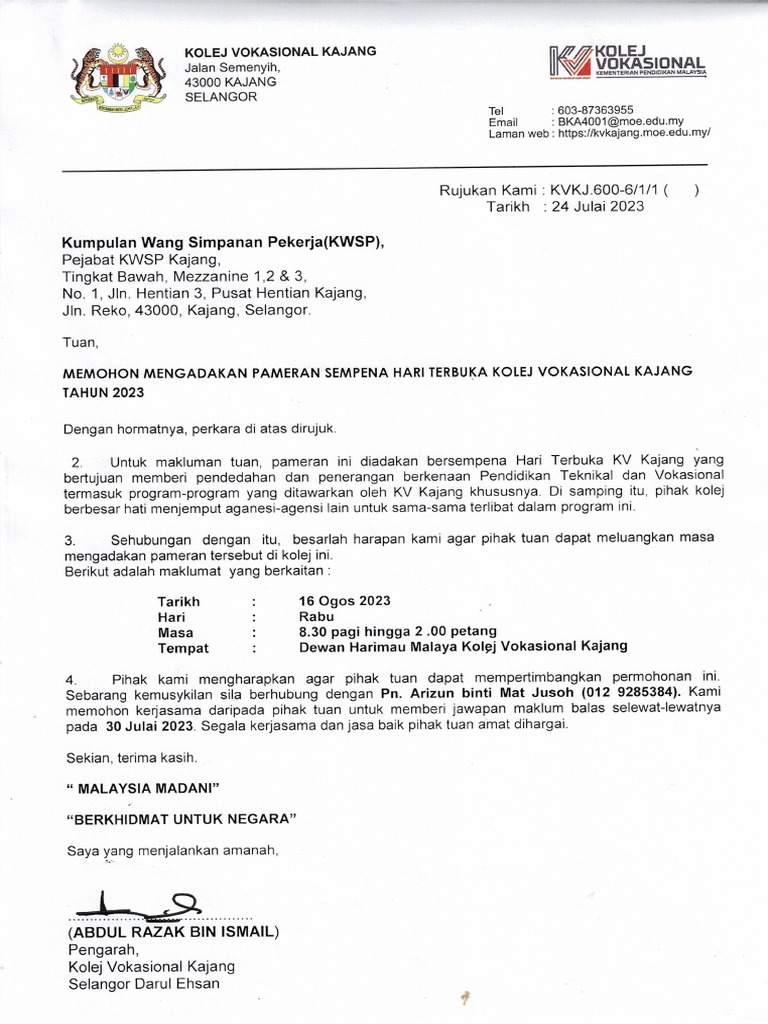 Surat Jemputan Hari Terbuka KWSP | PDF