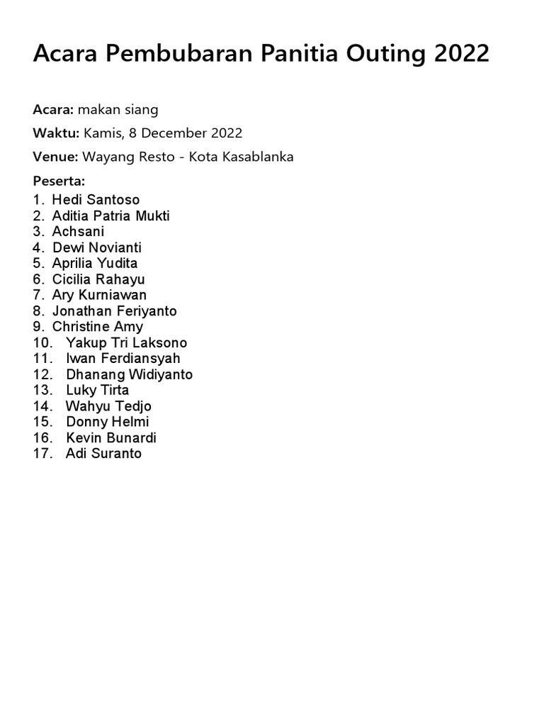 Pembubaran Panitia Outing 2022 | PDF
