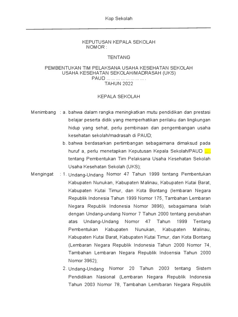Contoh SK Tim UKS Sekolah | PDF