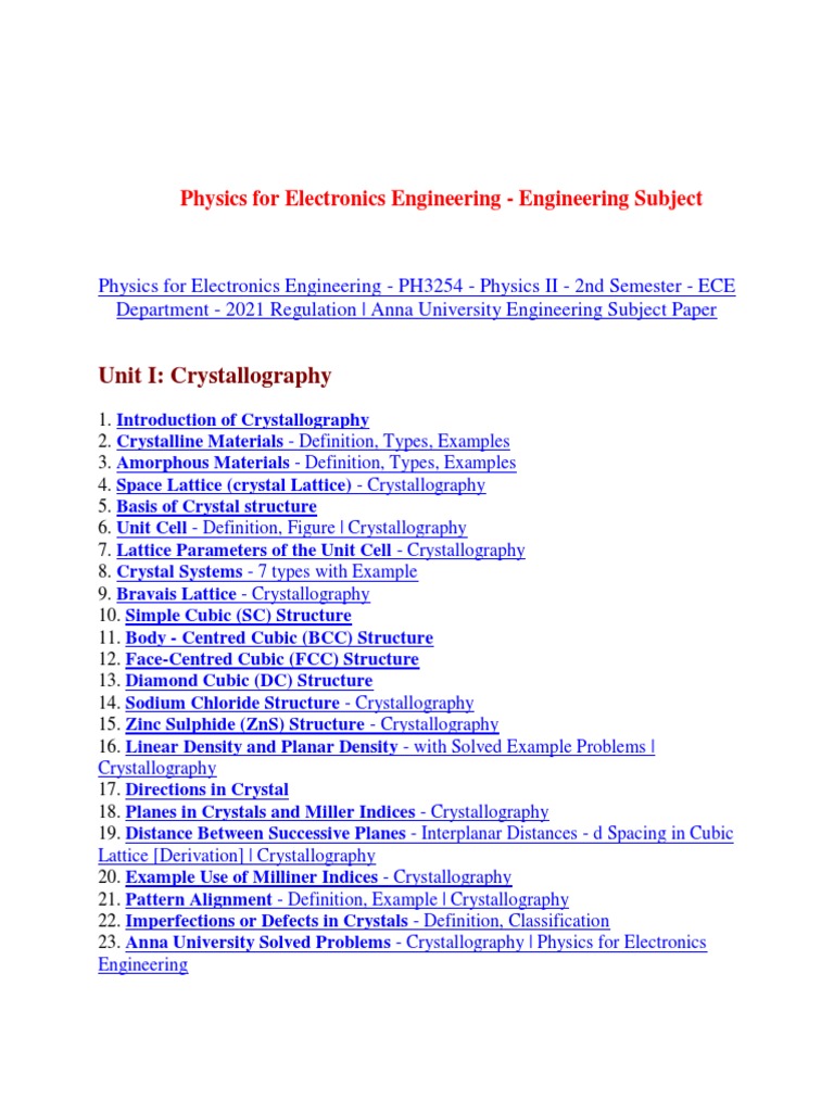 Physics For Electronics Engineering | PDF | Semiconductors | Crystal Structure