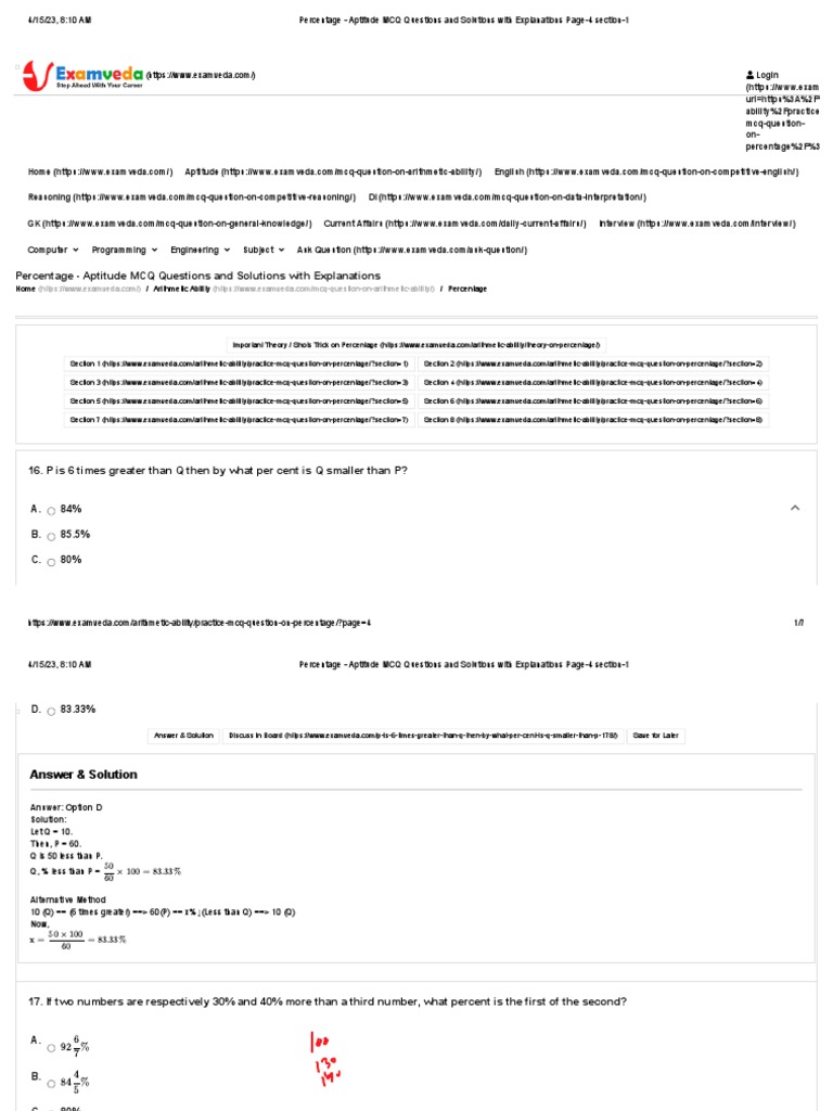 Percentage - Aptitude MCQ Questions and Solutions With Explanations ...