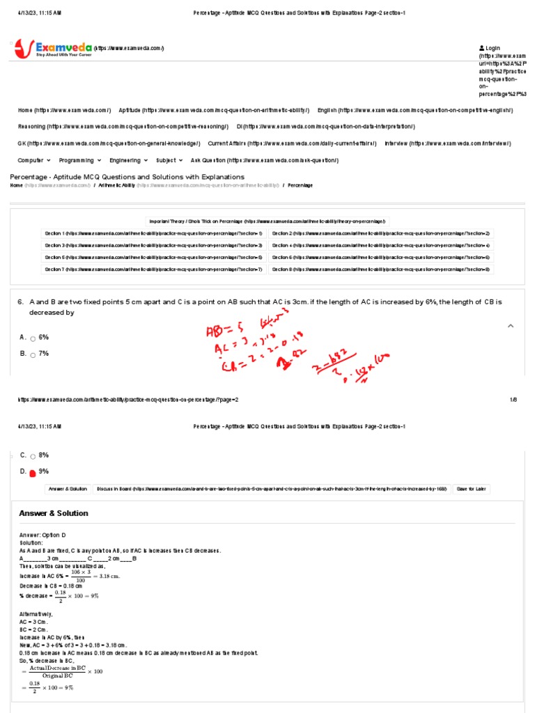 Percentage - Aptitude MCQ Questions and Solutions With Explanations | PDF