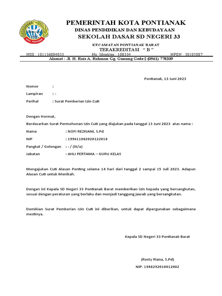 Contoh Surat Pemberian Izin Cuti Dari Kepala Sekolah | PDF