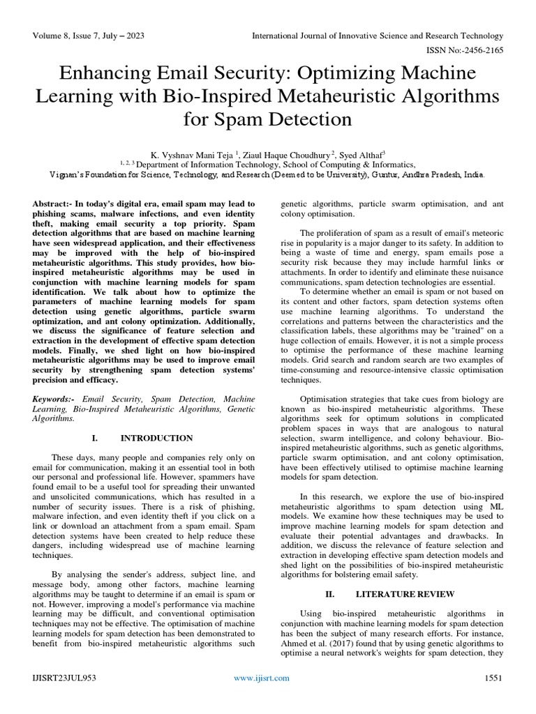 Enhancing Email Security Optimizing Machine Learning With Bio Inspired Metaheuristic Algorithms