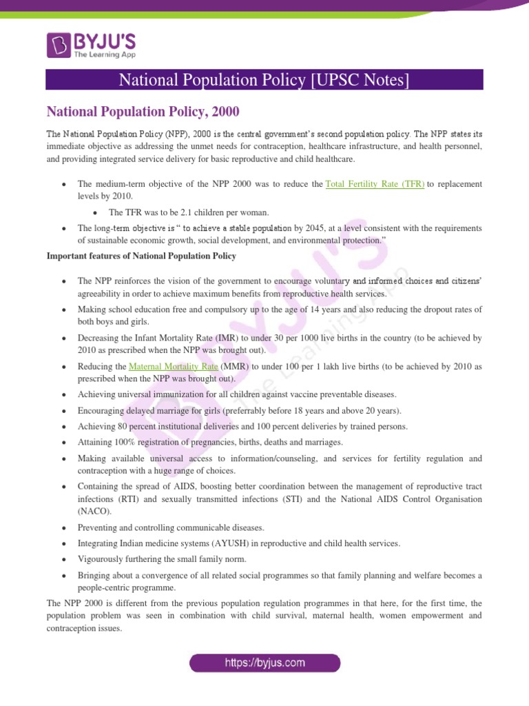 National Population Policy UPSC Notes | PDF