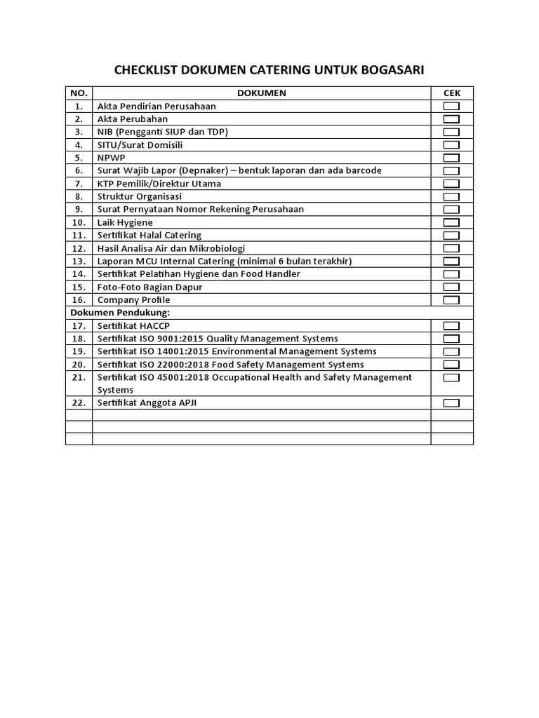 Checklist Dokumen Catering | PDF
