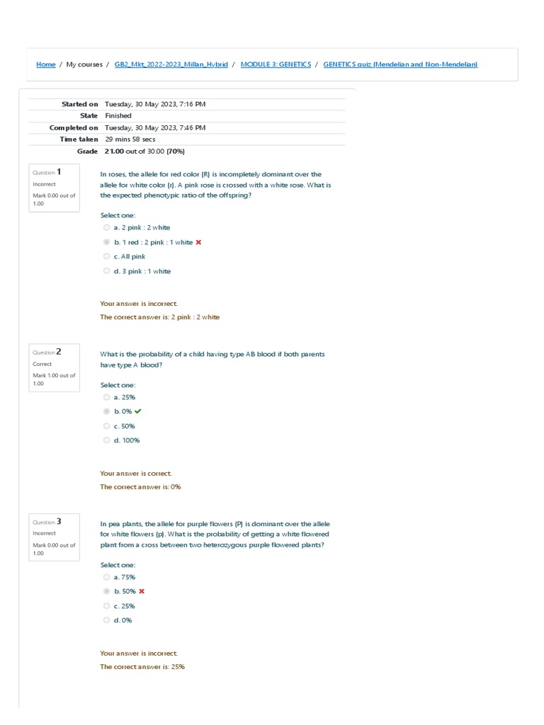 GENETICS Quiz Mendelian and Non Mendelian - Attempt Review | PDF