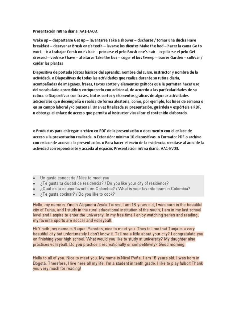 Rutina Diaria y Presentaciones Personales | PDF | Artes del Lenguaje y ...